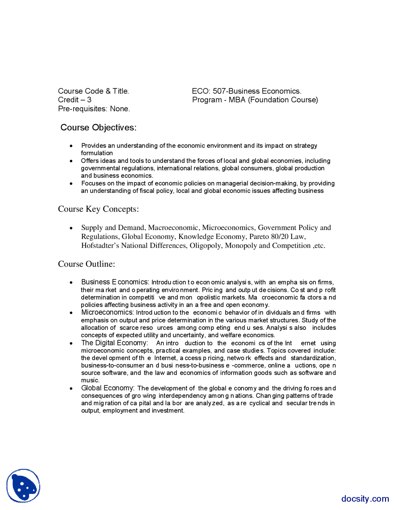Business Economics-Business Administration-Course Outline - Docsity
