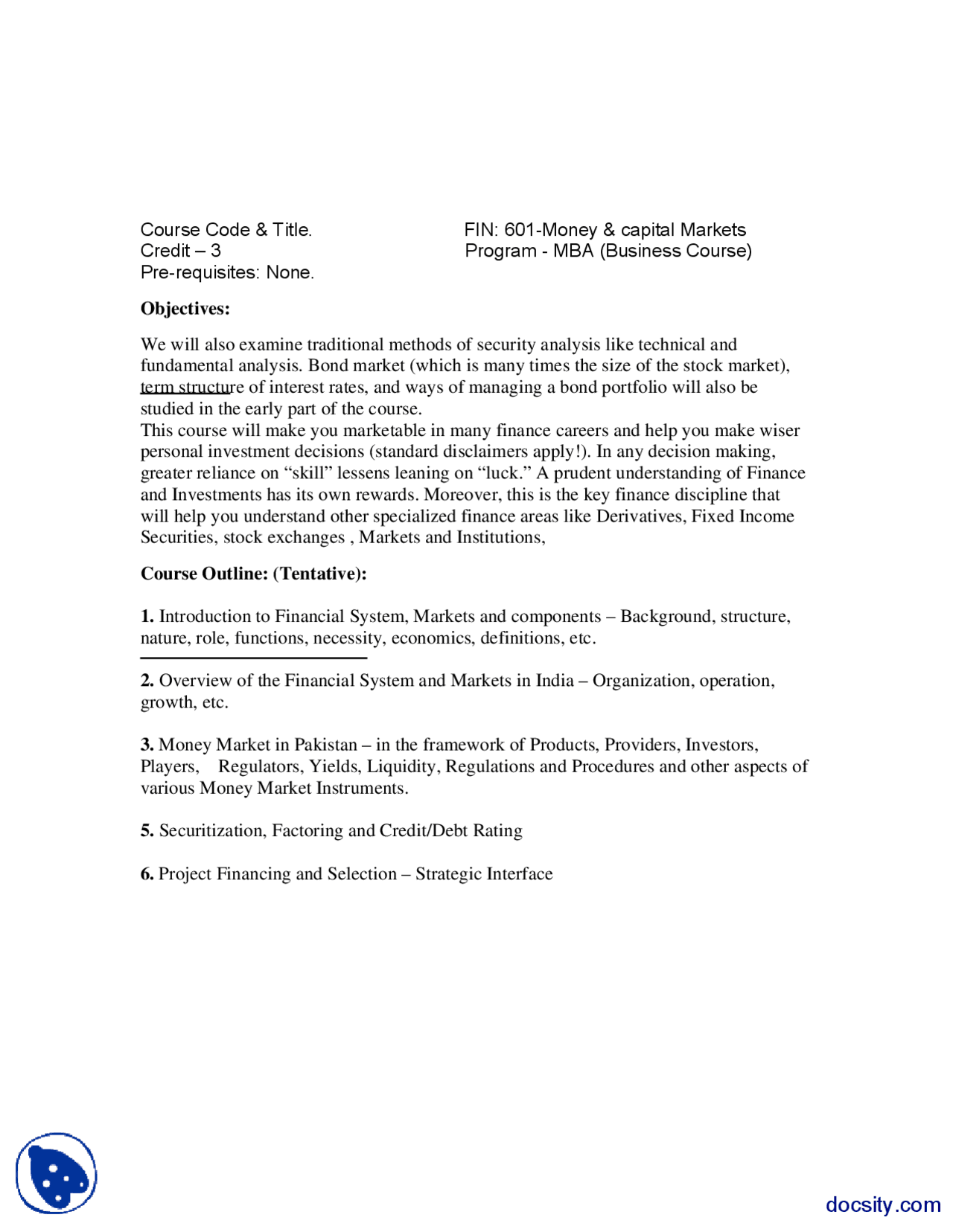 Money And Capital Markets-Management And Business Administration-Course ...