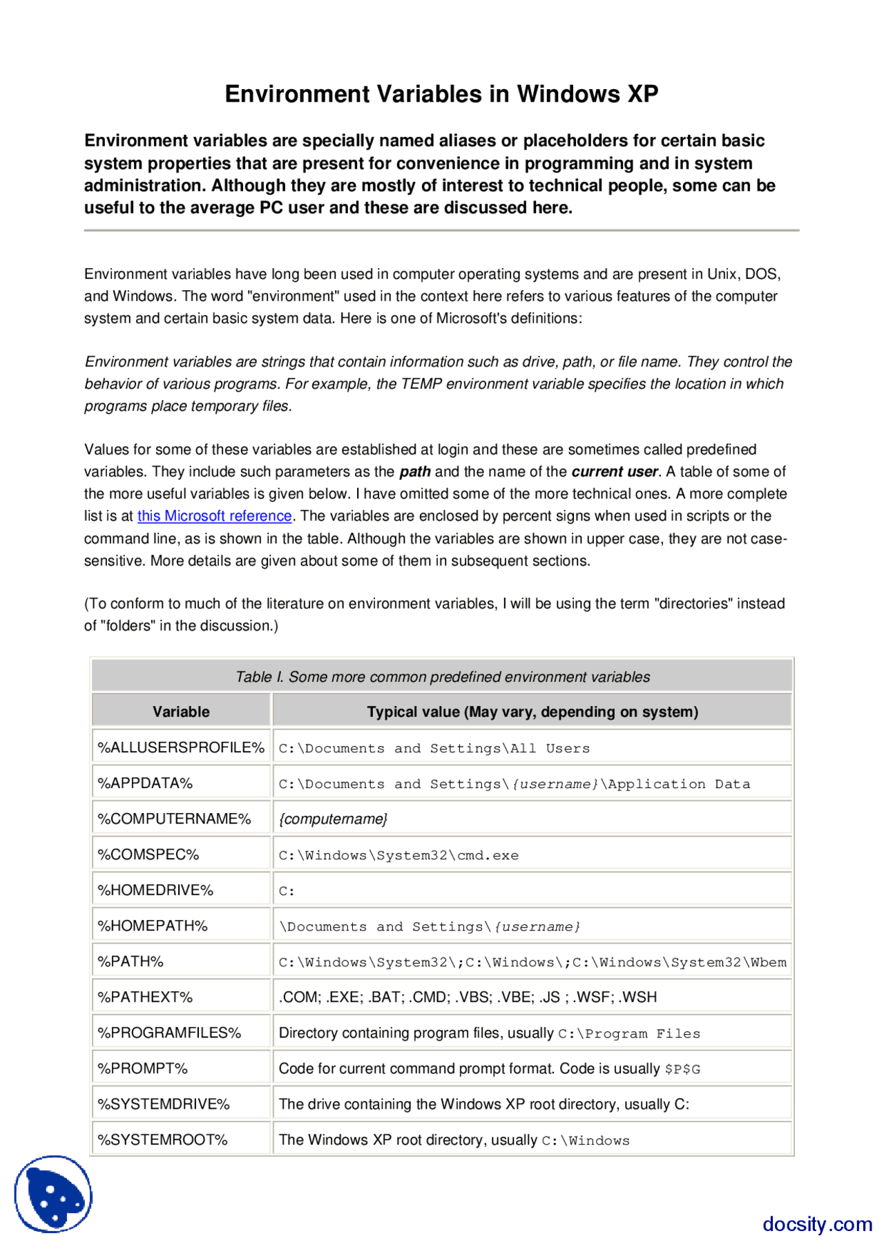 Environment Variables In Windows Xp Basic Computer Operating Systems