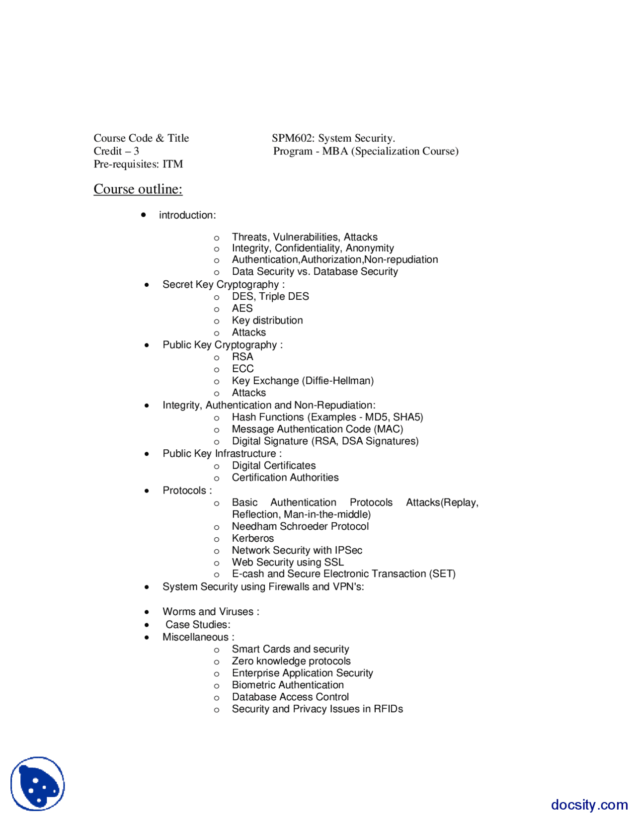 System Security Business Administration Course Outline Docsity