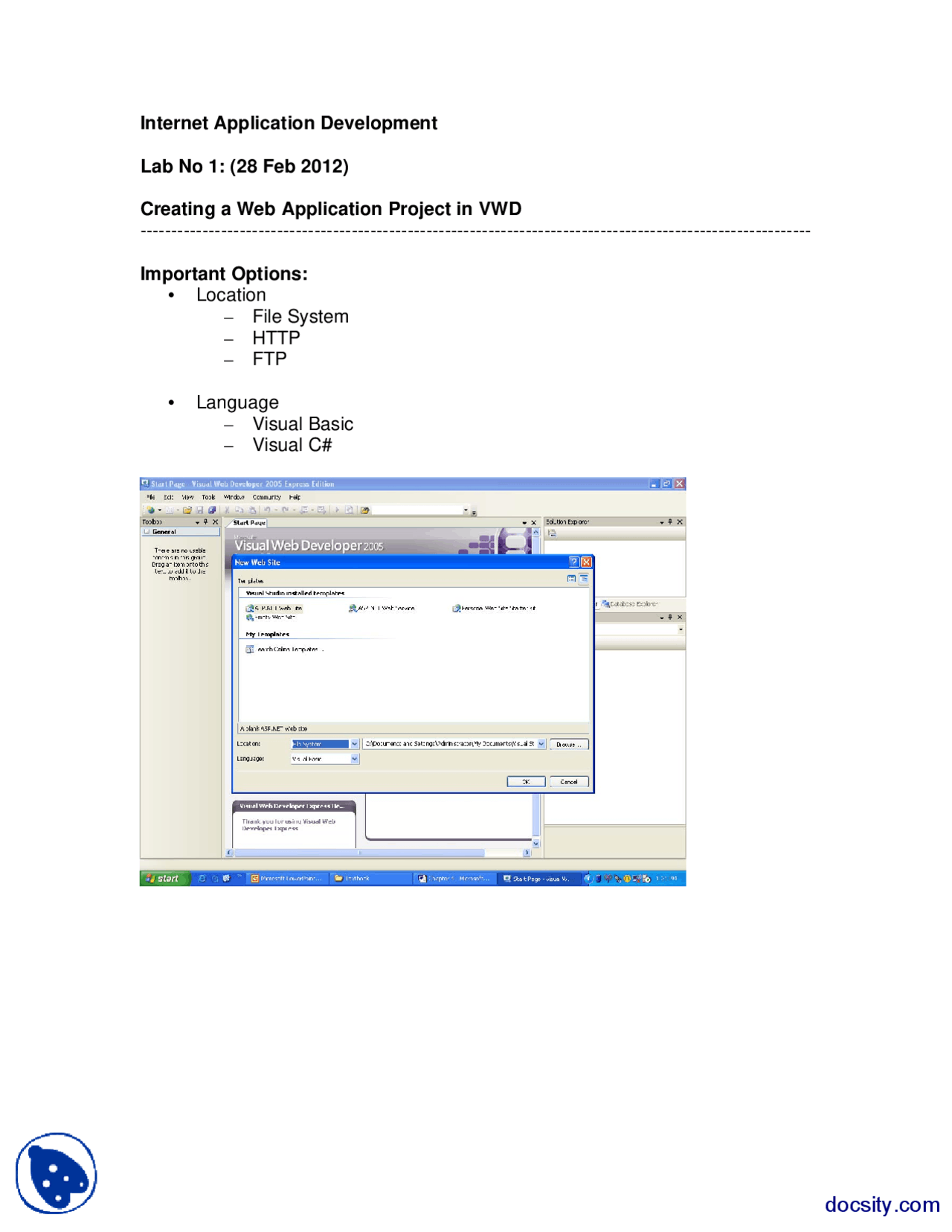 Creating a Web Application Project in VWD-Internet Application Development-Lab Task - Docsity