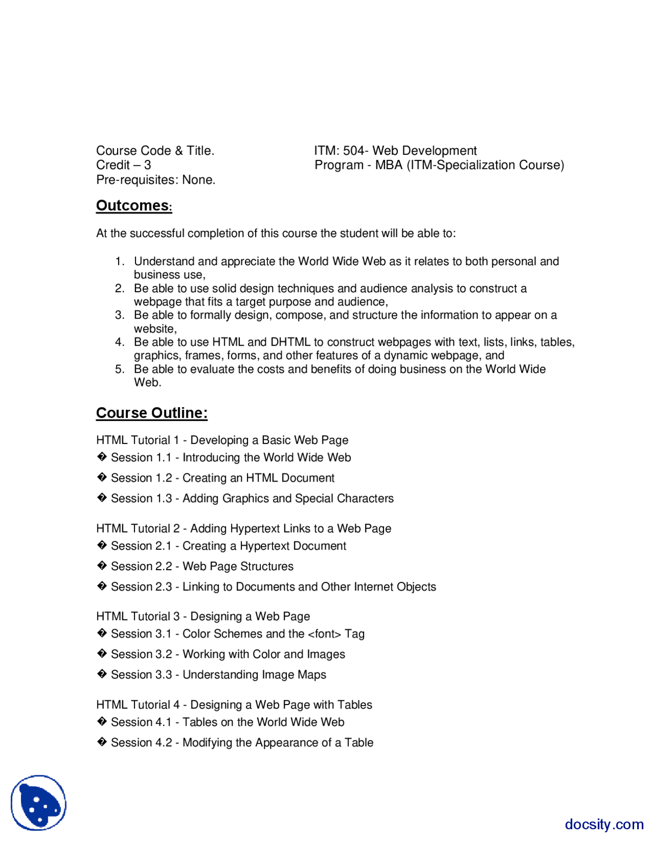 Web Development Business Administration Course Outline Docsity