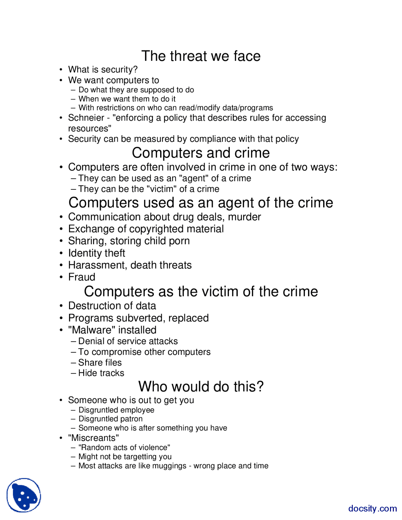 Computers And Crime Cryptography And Security Of Systems Handout Docsity