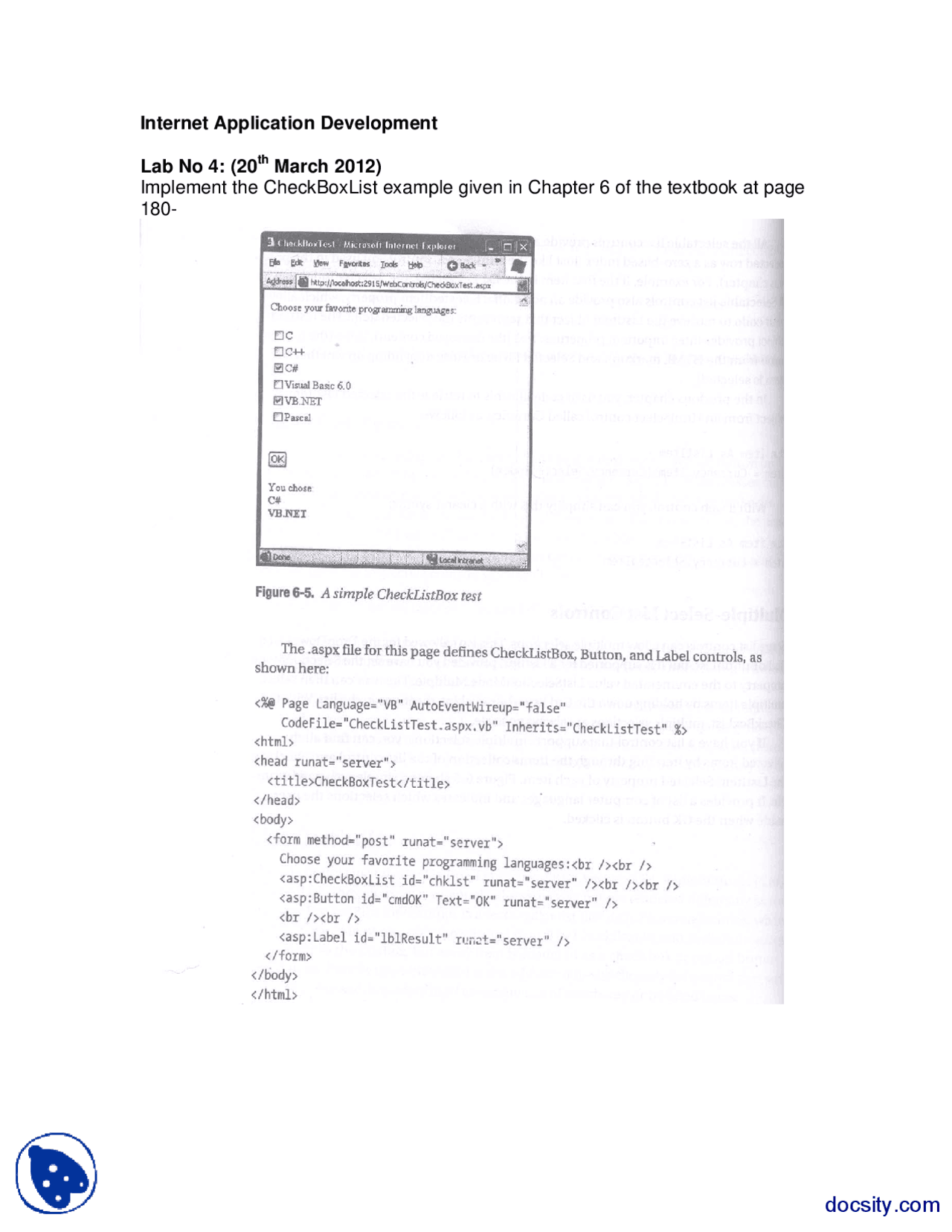 CheckBoxList-Internet Application Development-Lab Task - Docsity