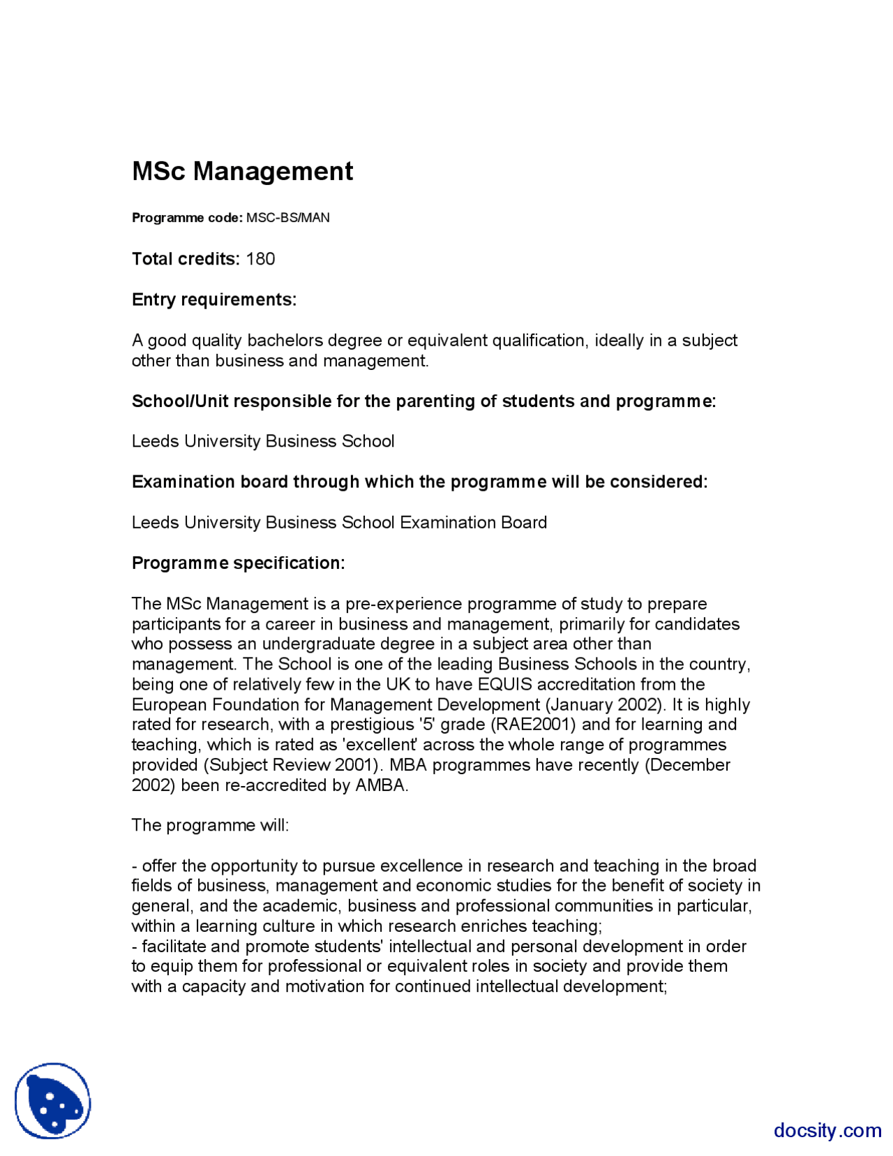 Msc Management Management And Business Administration Course Outline