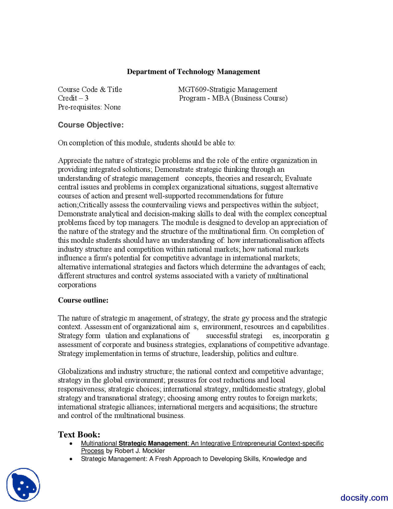 Stratigic Management-Management And Business Administration-Course ...