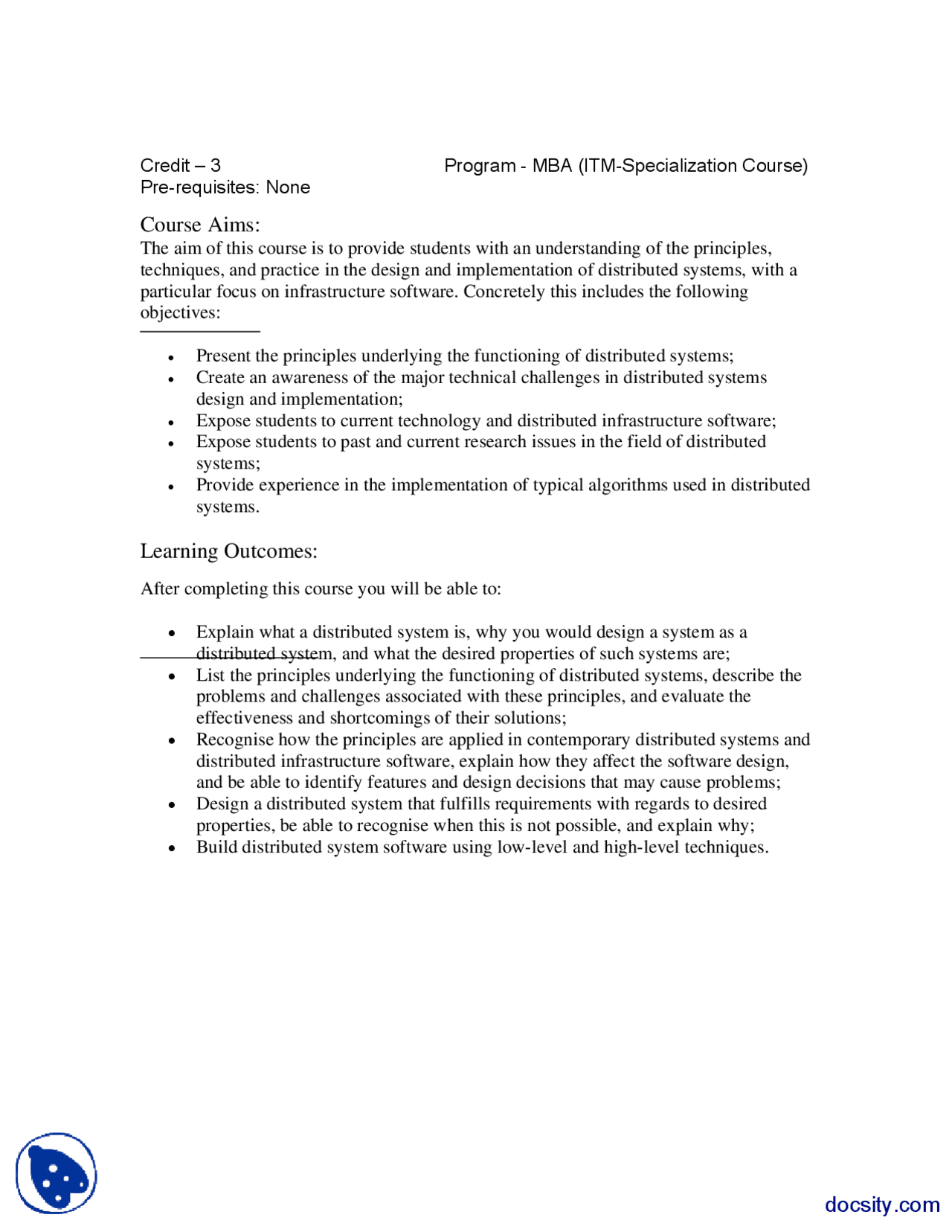 Distributed System Business Administration Course Outline Docsity
