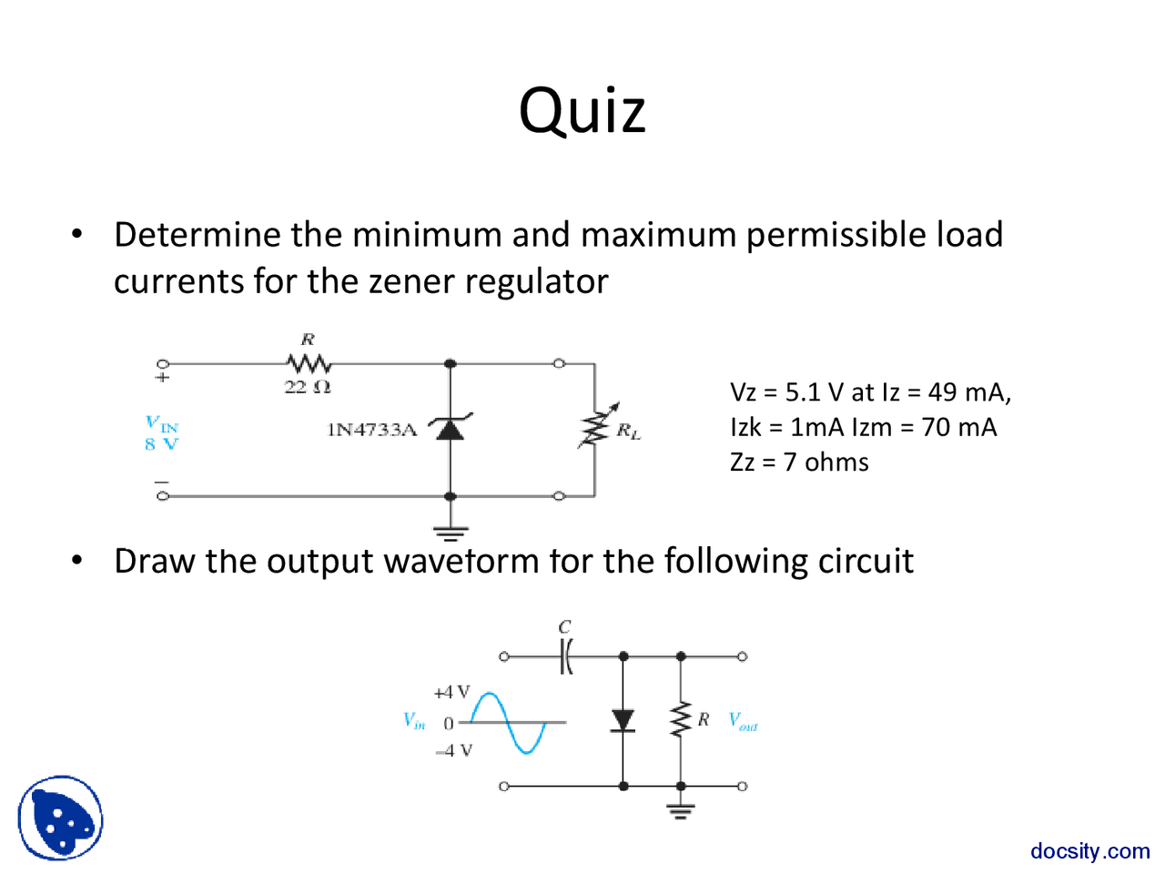 Zener Regulator-Basic Electronic Engineering-Quiz - Docsity