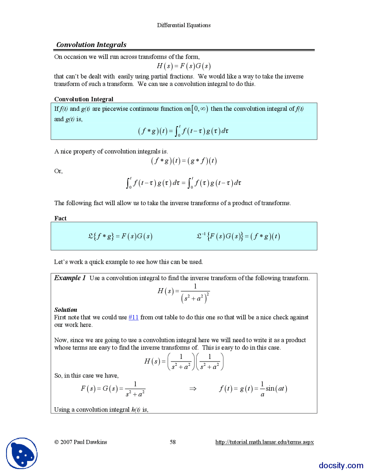 Convolution Integrals Differential Equations And Transforms Handout