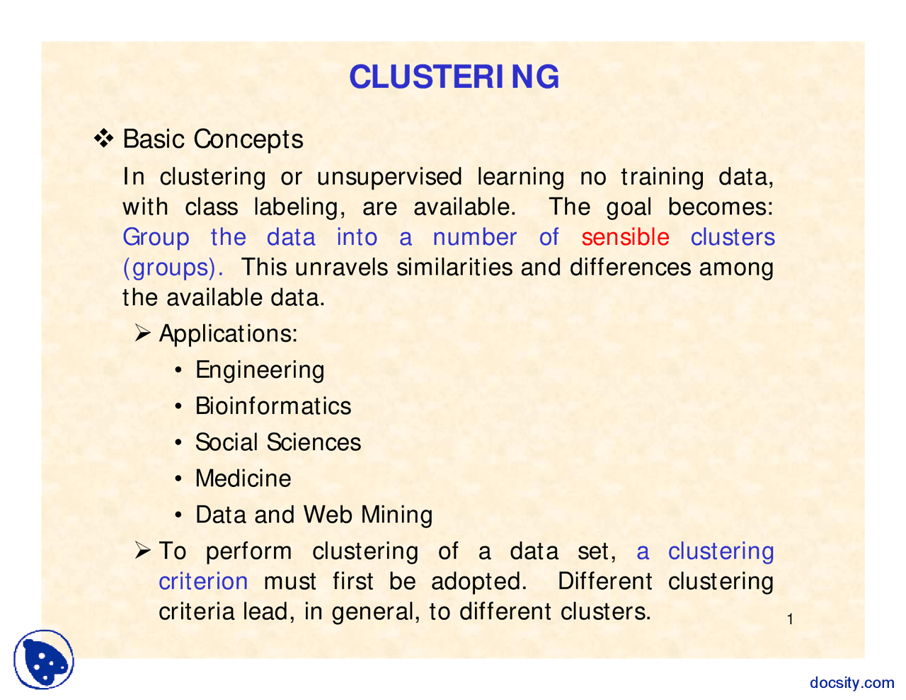 Clustering-Recognizing Patterns and Classifying Them-Lecture Slides - Docsity