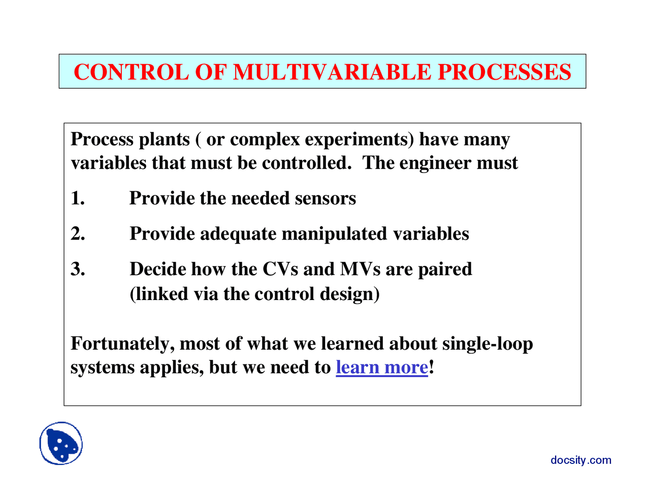 Multivariable Processes Control Process Control Lecture Slides Docsity