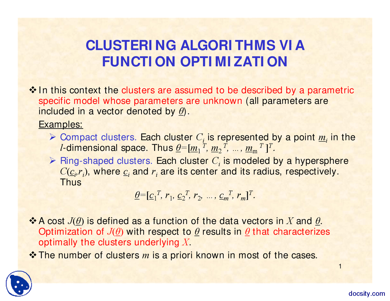 Clustering Algorithms Via Function Optimization Docsity