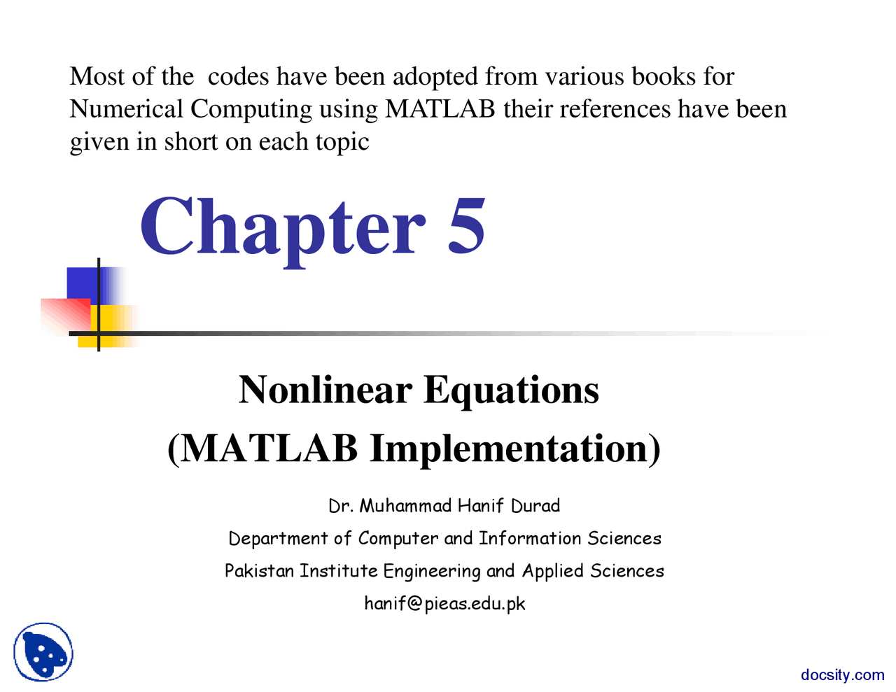 Nonlinear Equations Matlab Implementation Machine Learning Lecture Slides Docsity