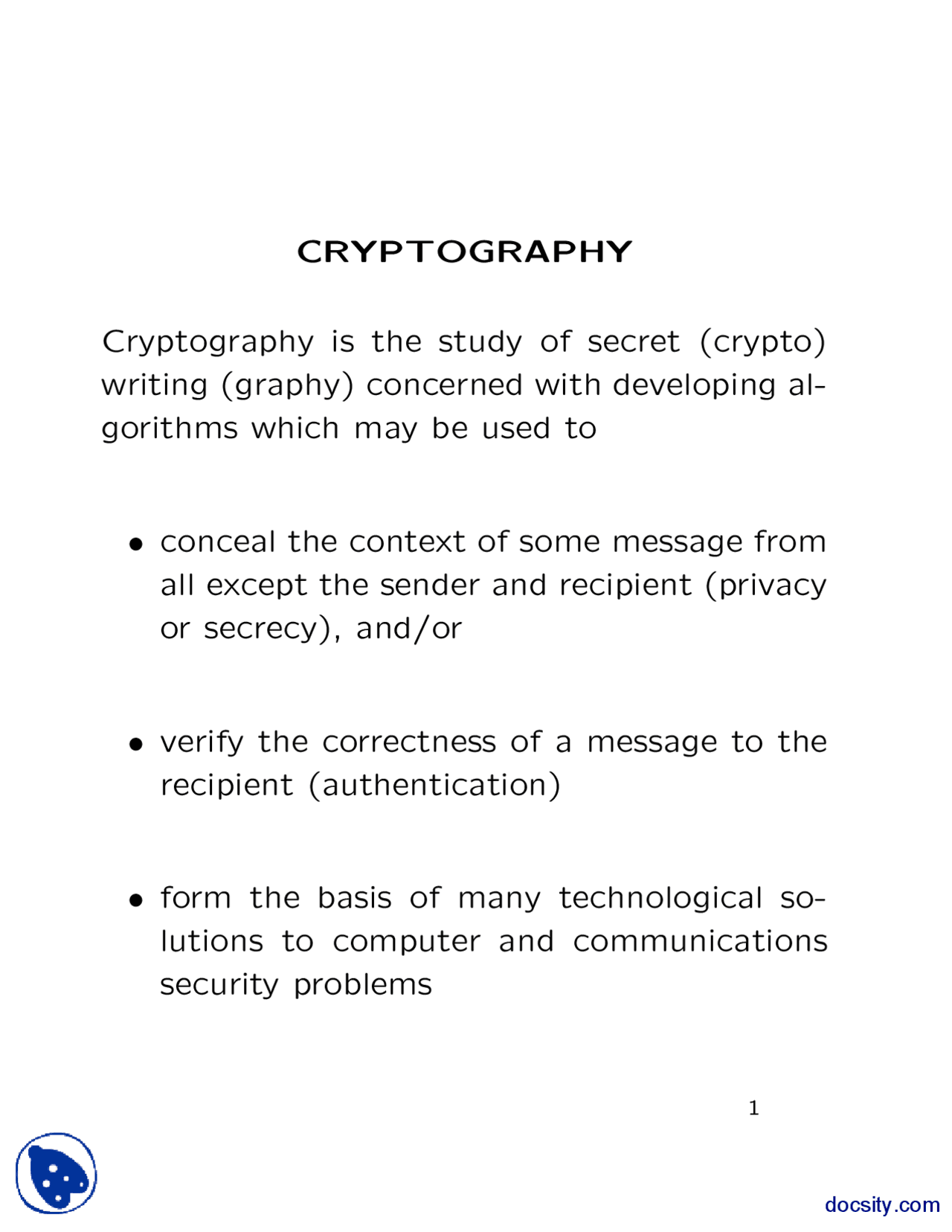 Cryptograph Cryptography And Security Of Systems Handout Docsity