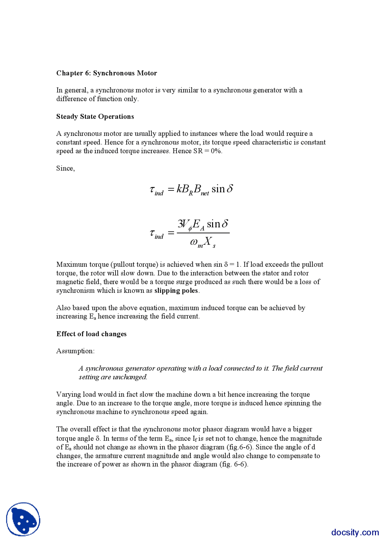 Synchronous Motor Electro Mechinical Devices Lecture Handout Docsity