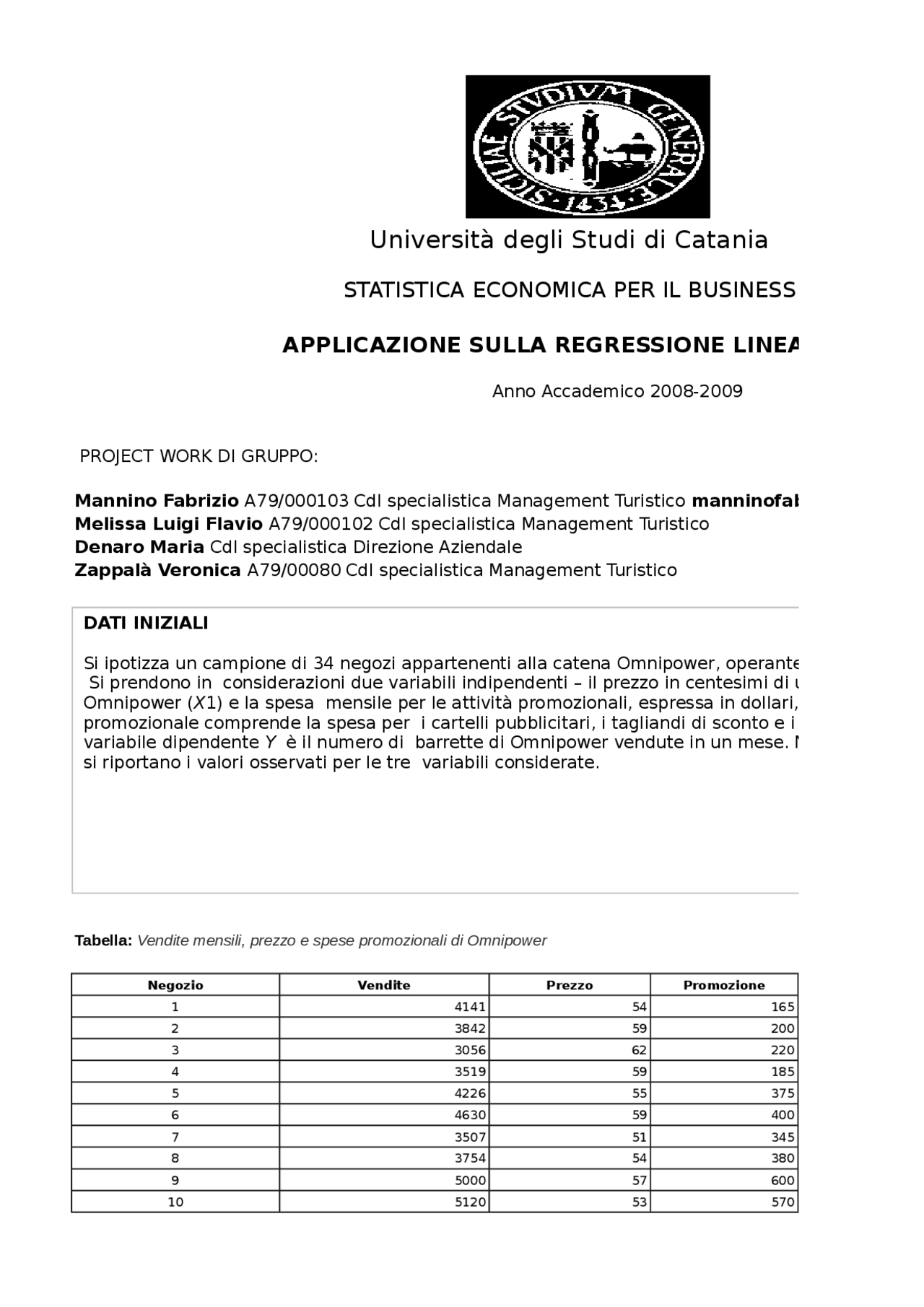 Esercizio 1 1regressione Lineare Multipla Tesine Universitarie Di