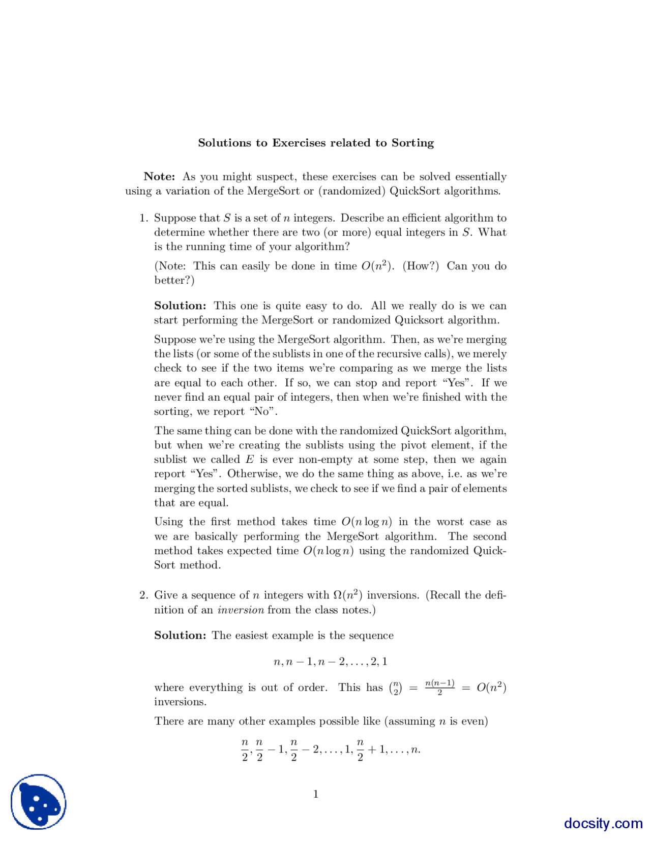 Sorting Exercises Complexity Of Algorithms Assignment Solution Docsity 0052
