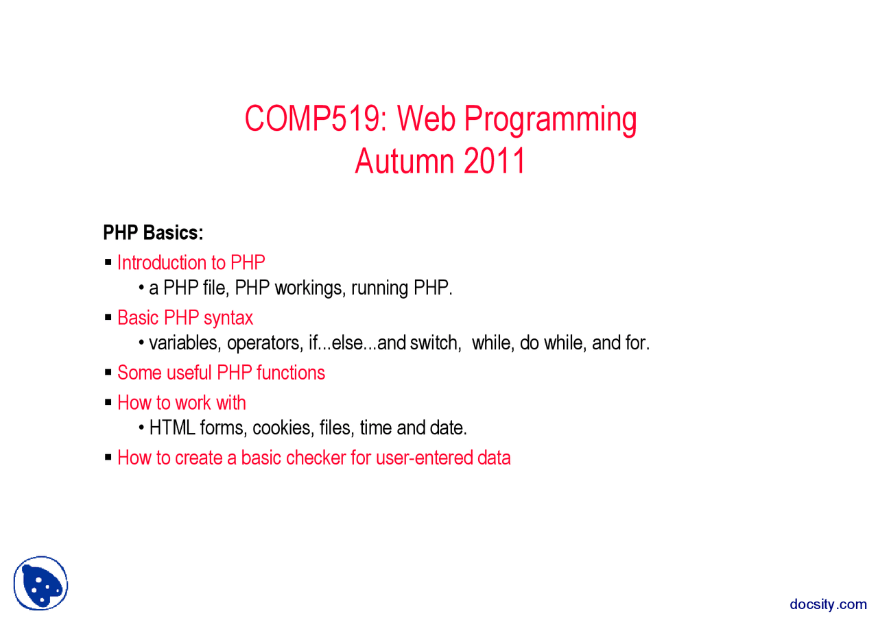 PHP Basics-Web Programming-Lecture Slides | Slides Web Programming and Technologies | Docsity