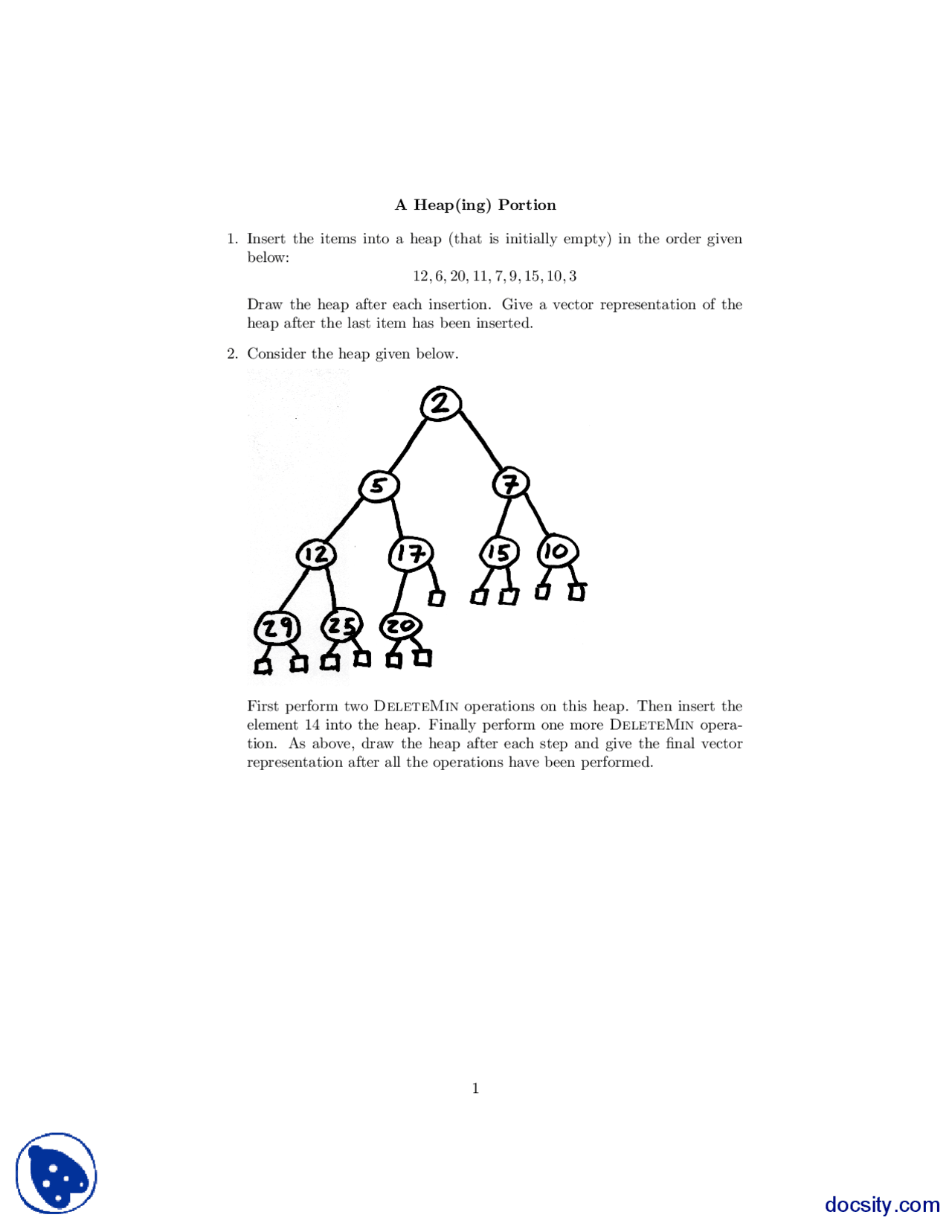 Heap Exercise-Complexity of Algorithms-Assignment Solution - Docsity