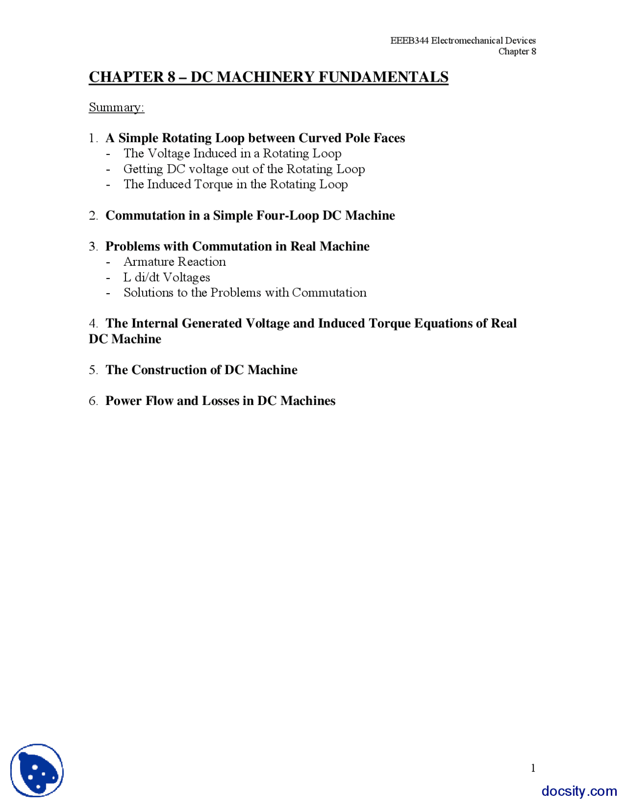 Dc Machinery Fundamentals Electro Mechinical Devices Lecture Handout