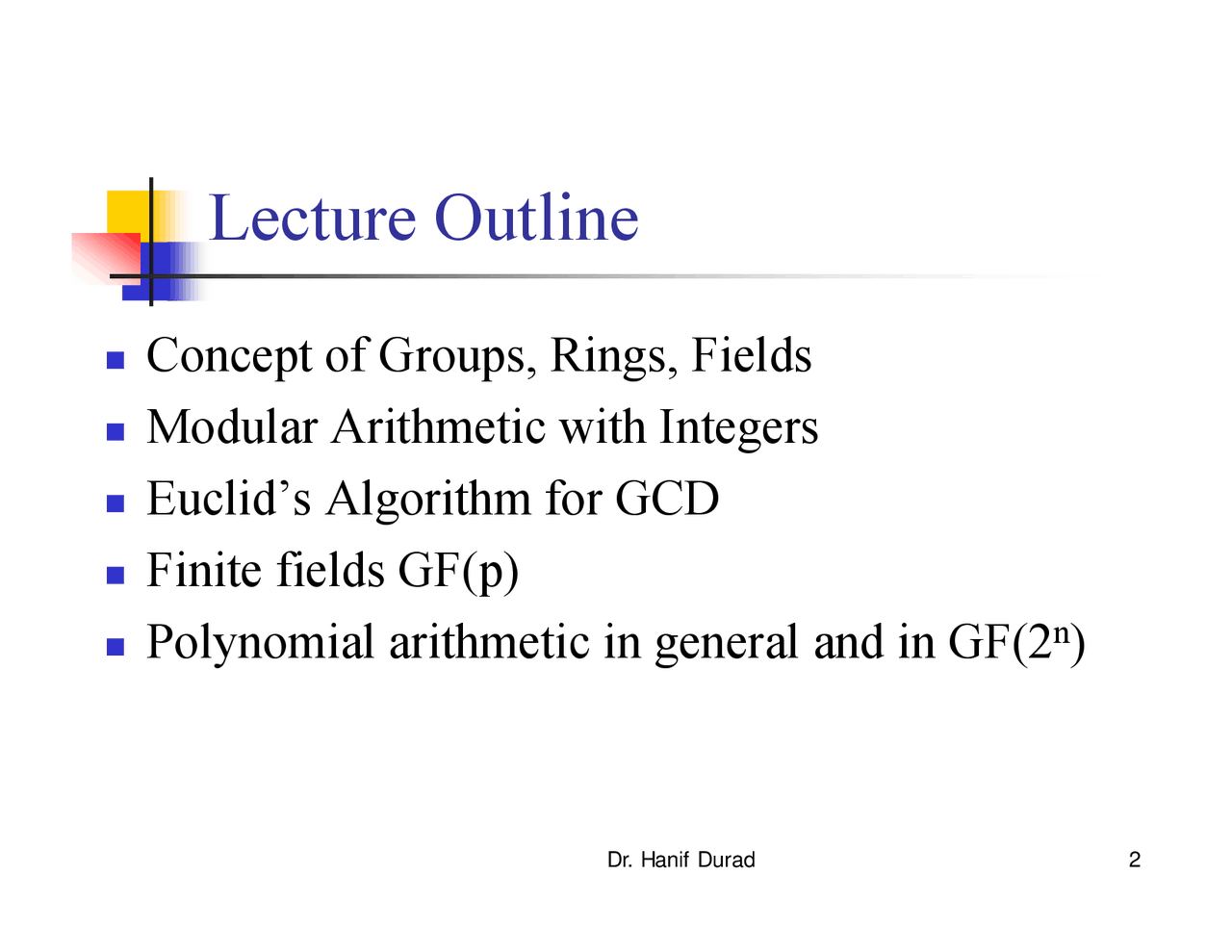 Finite Fields Computer Security Lecture Slides Docsity
