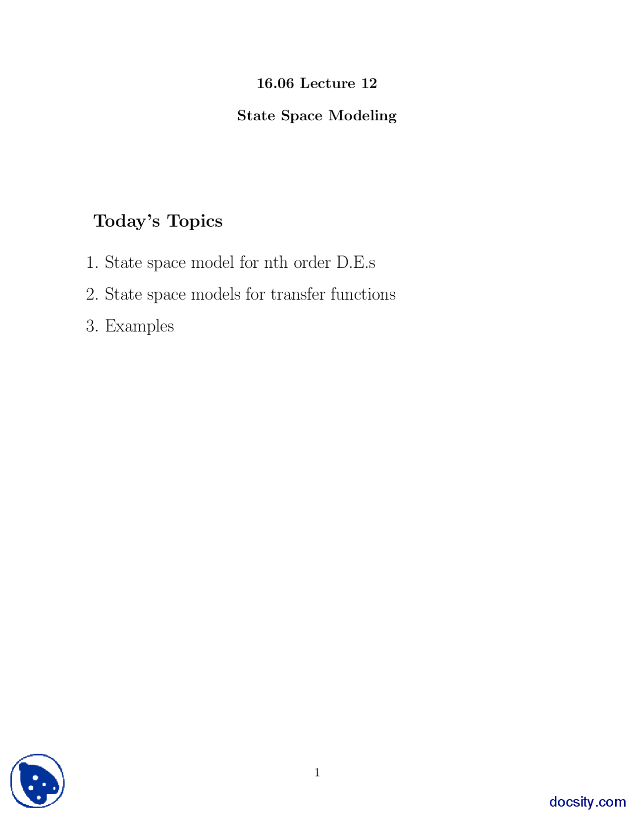 State Space Modeling Principles Of Automation Control Lecture Notes