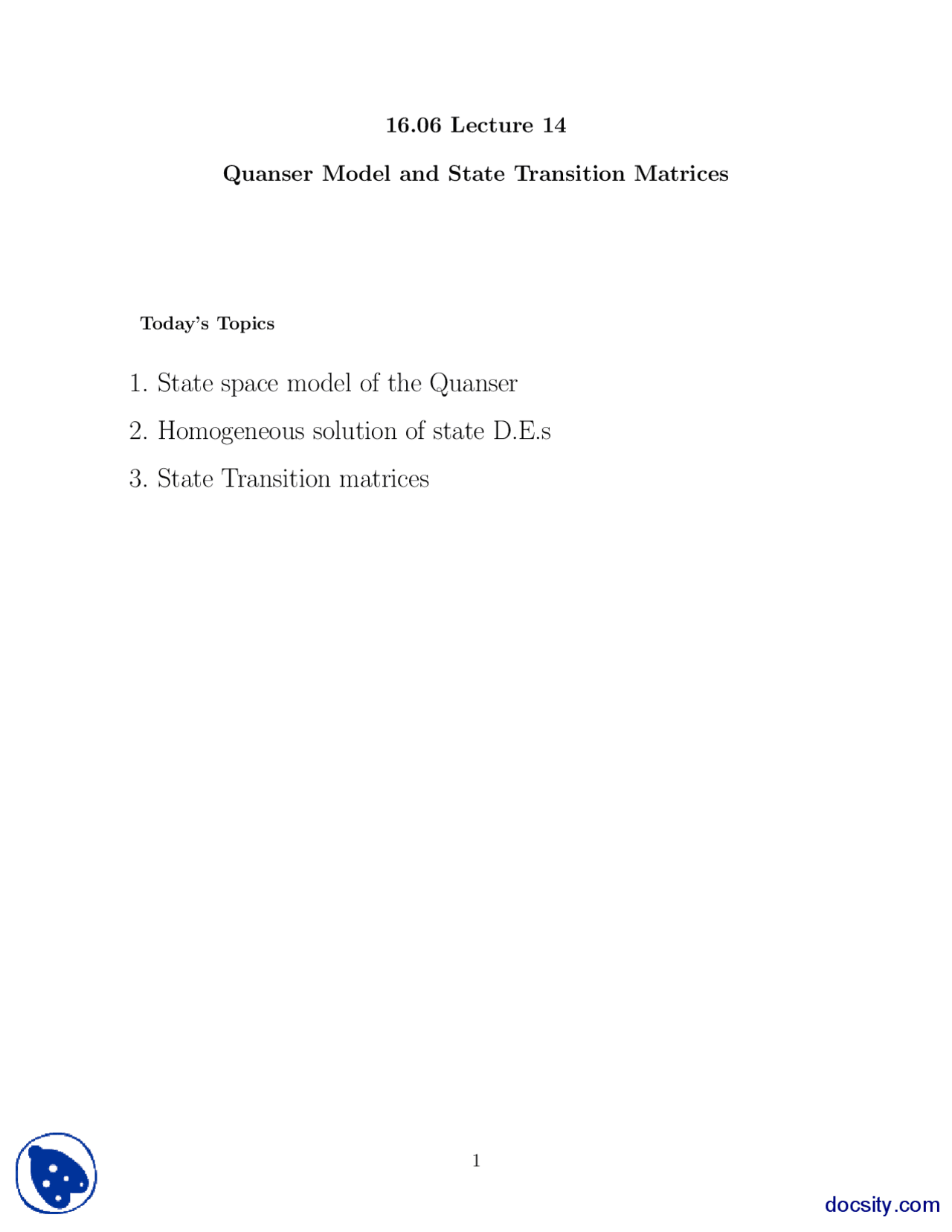 Quanser Model And State Transition Matrices Principles Of Automation