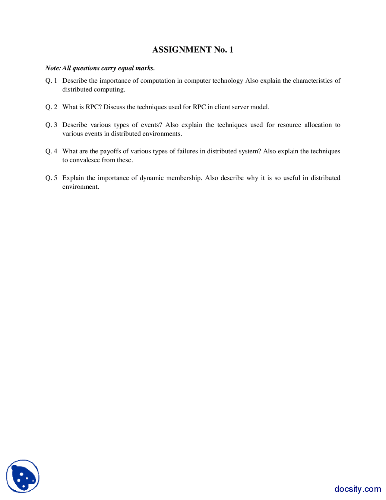 Rpc In Client Server Model Distributed Computing Assignment Docsity