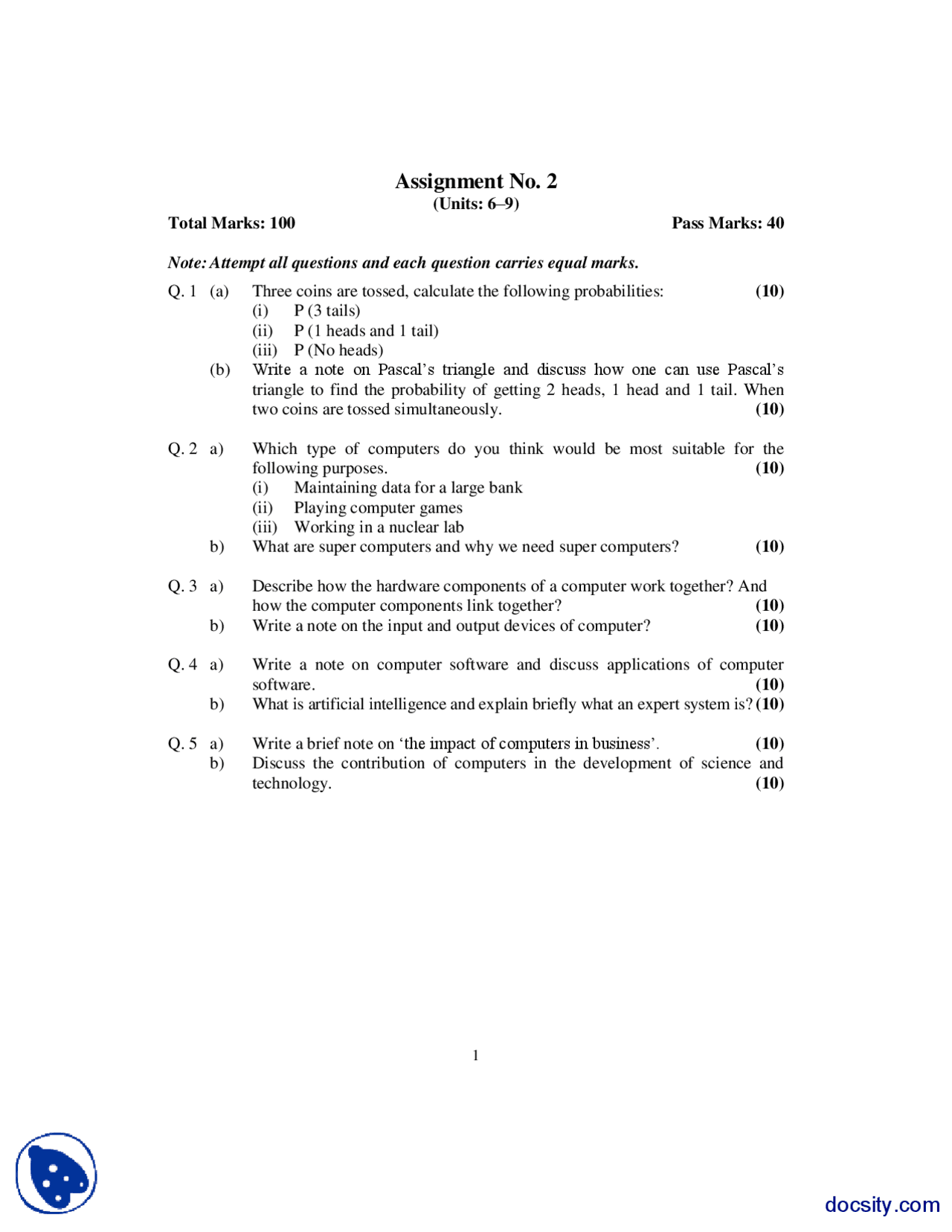 Computer Science Assignment: Probability, Computing Devices, and Software | Exercises ...