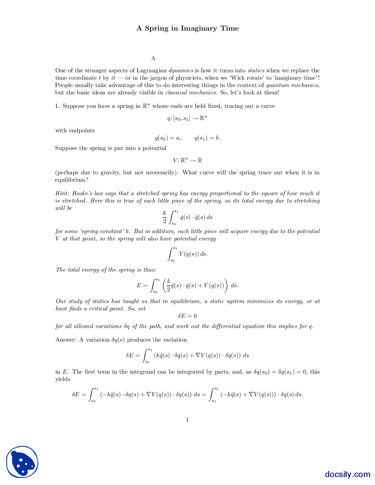 A Spring in Imaginary Time Part 4-Advanced Classical and Relativistic Mechanics-Lecture Handout ...