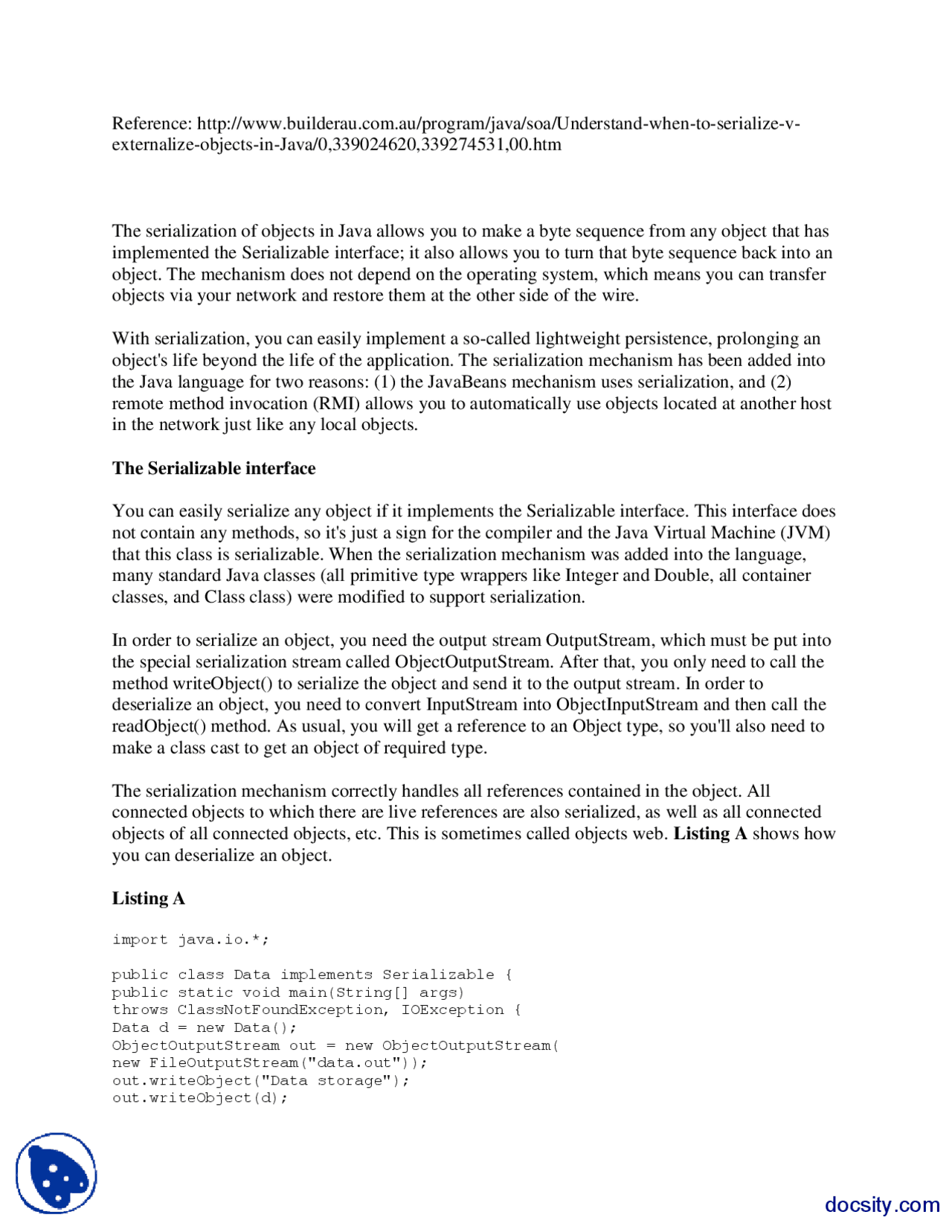 Serializable Interface Java Programming Lecture Handout Docsity