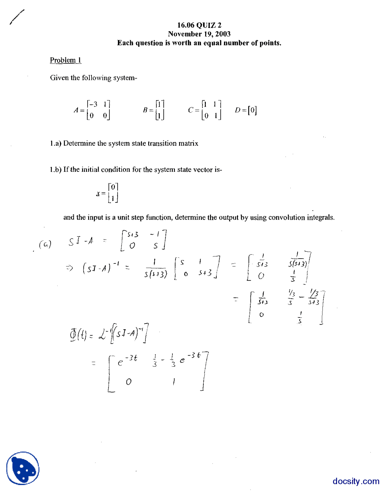 State Transition Matrix Principles Of Automation Control Quiz Docsity