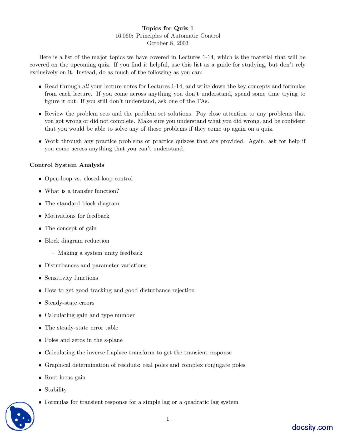 Control System Analysis Principles Of Automation Control Quiz Exercises Automatic Controls