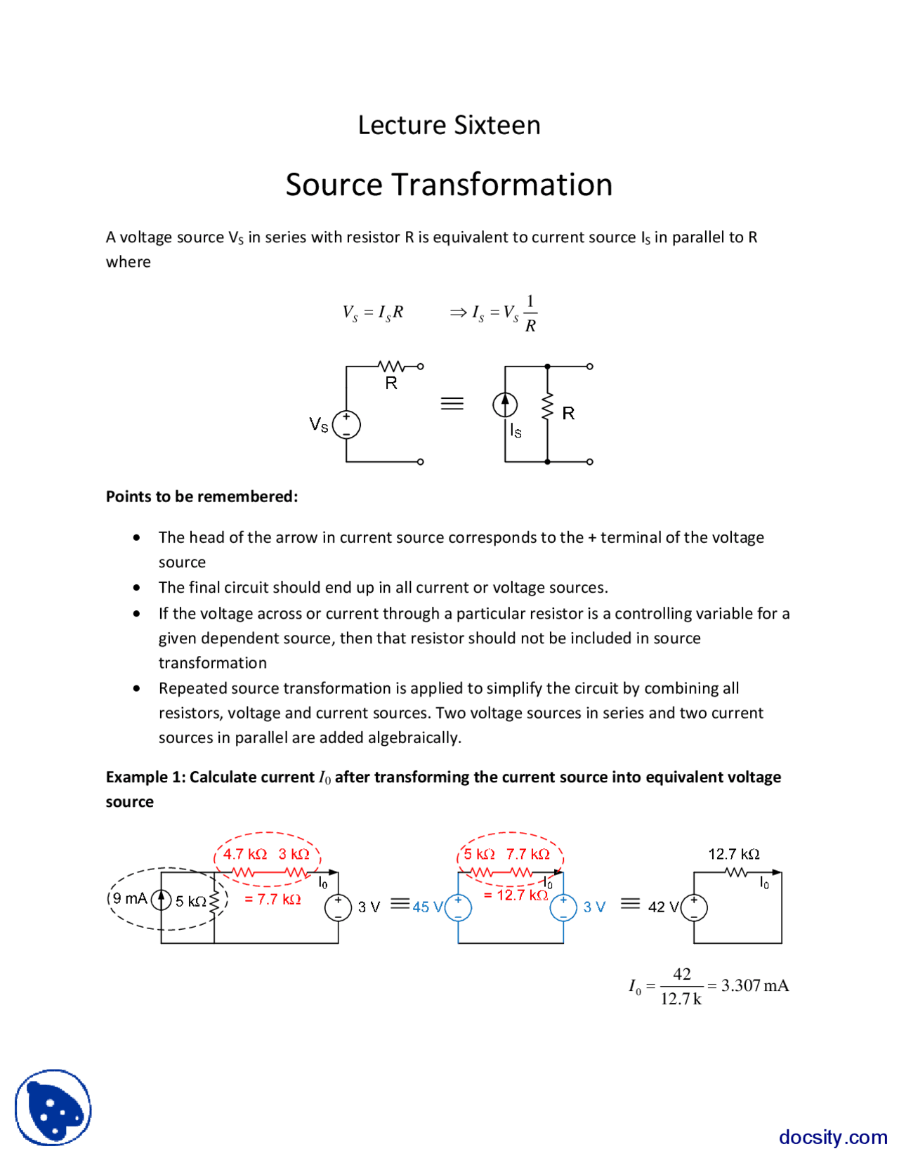 Source Transformation Fundementals Of Electronics Lecture Slides Docsity
