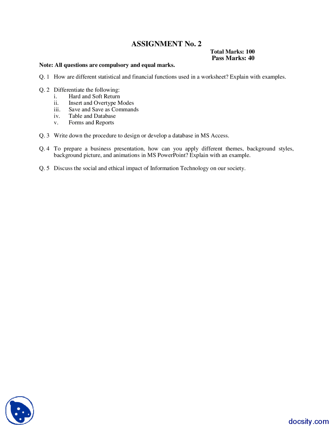 MS Office Assignment: Statistical Functions, Database Design, and PowerPoint Themes | Exercises ...