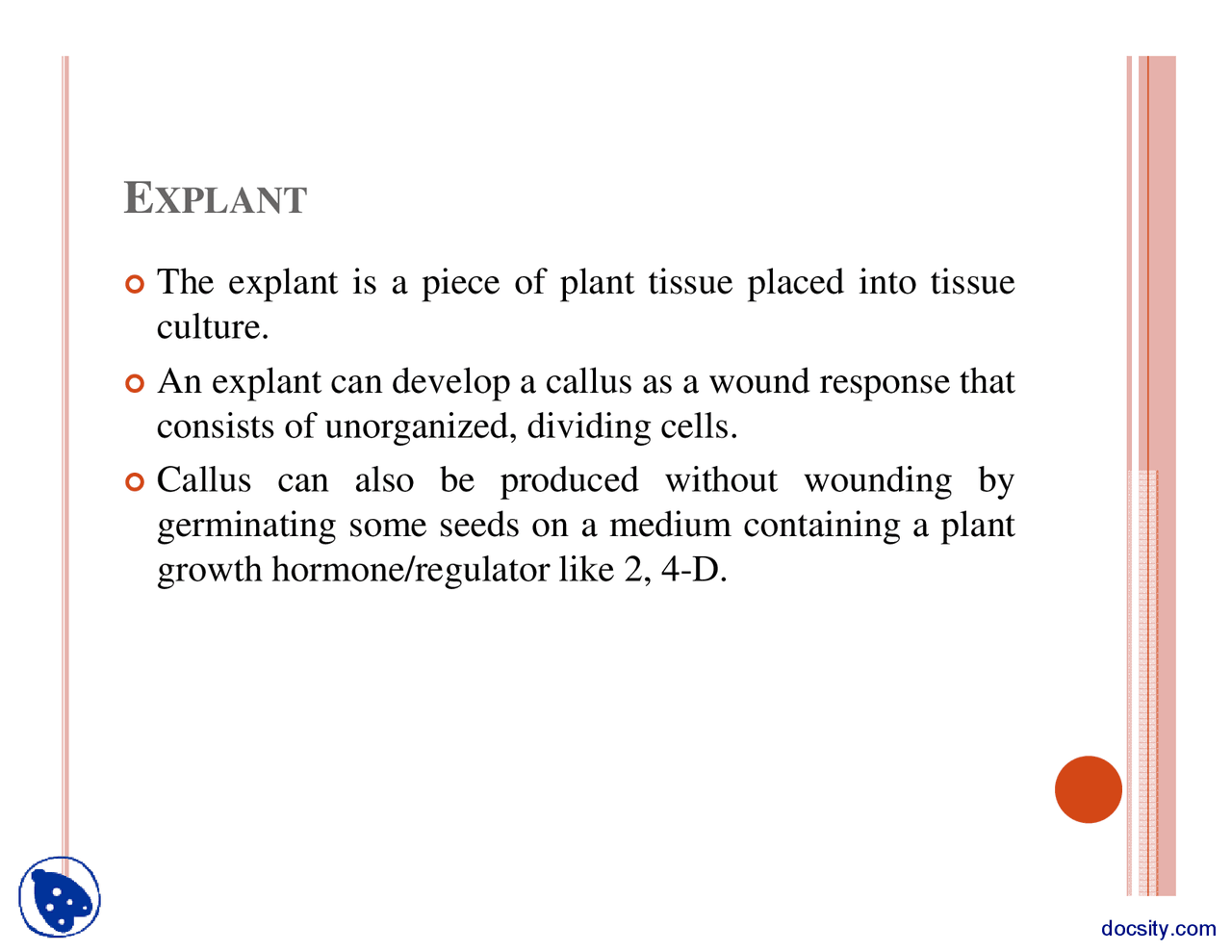 Prepration of Explant-Botany-Lecture Slides | Slides Botany and Agronomy | Docsity