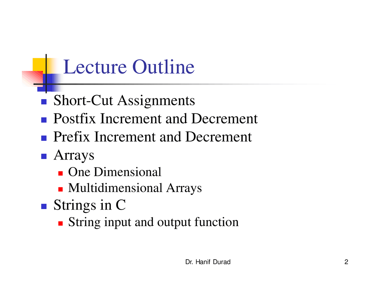 Arrays And Strings Introduction To Programming Lecture Slides Docsity