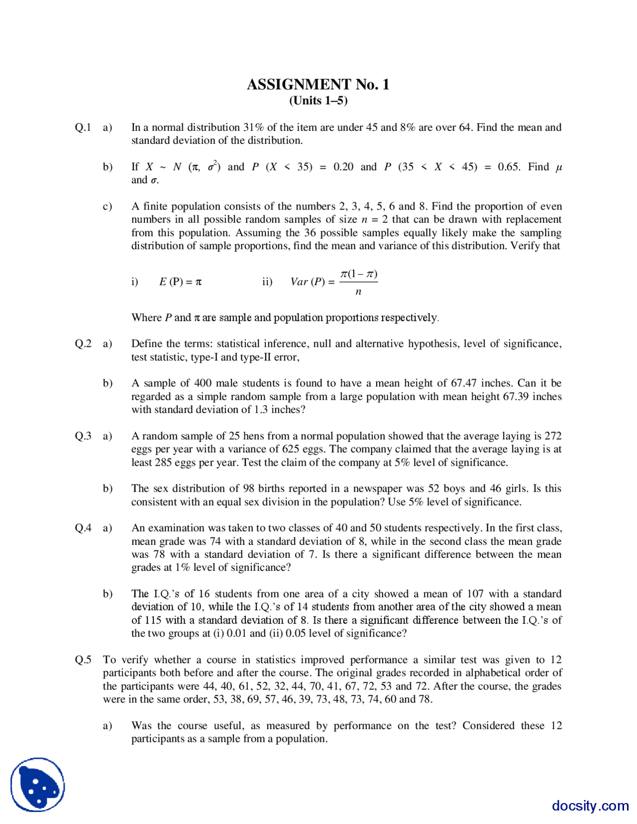Statics Mathematics And Statistics Assignment Docsity