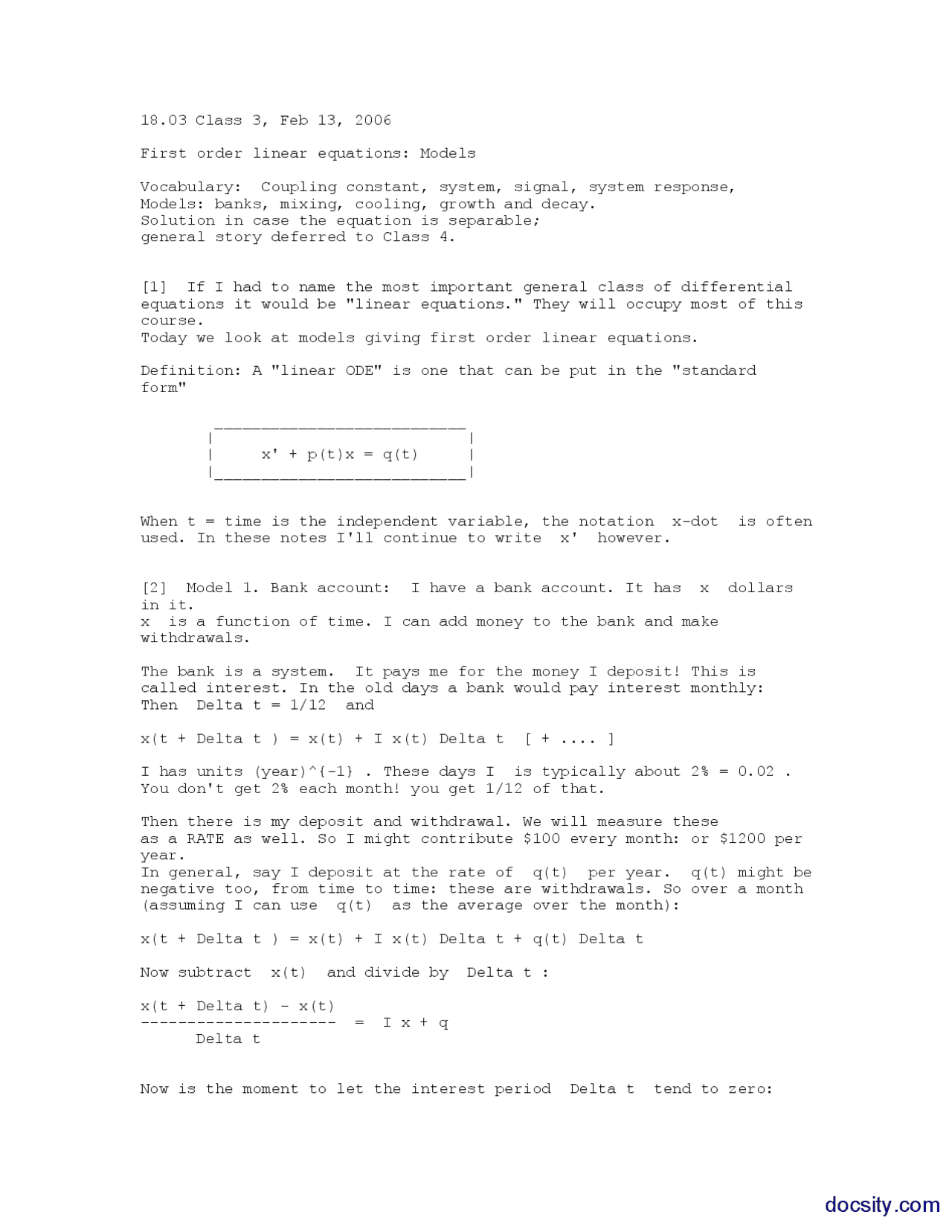 First Order Linear Equations Principles Of Automation Control Handout