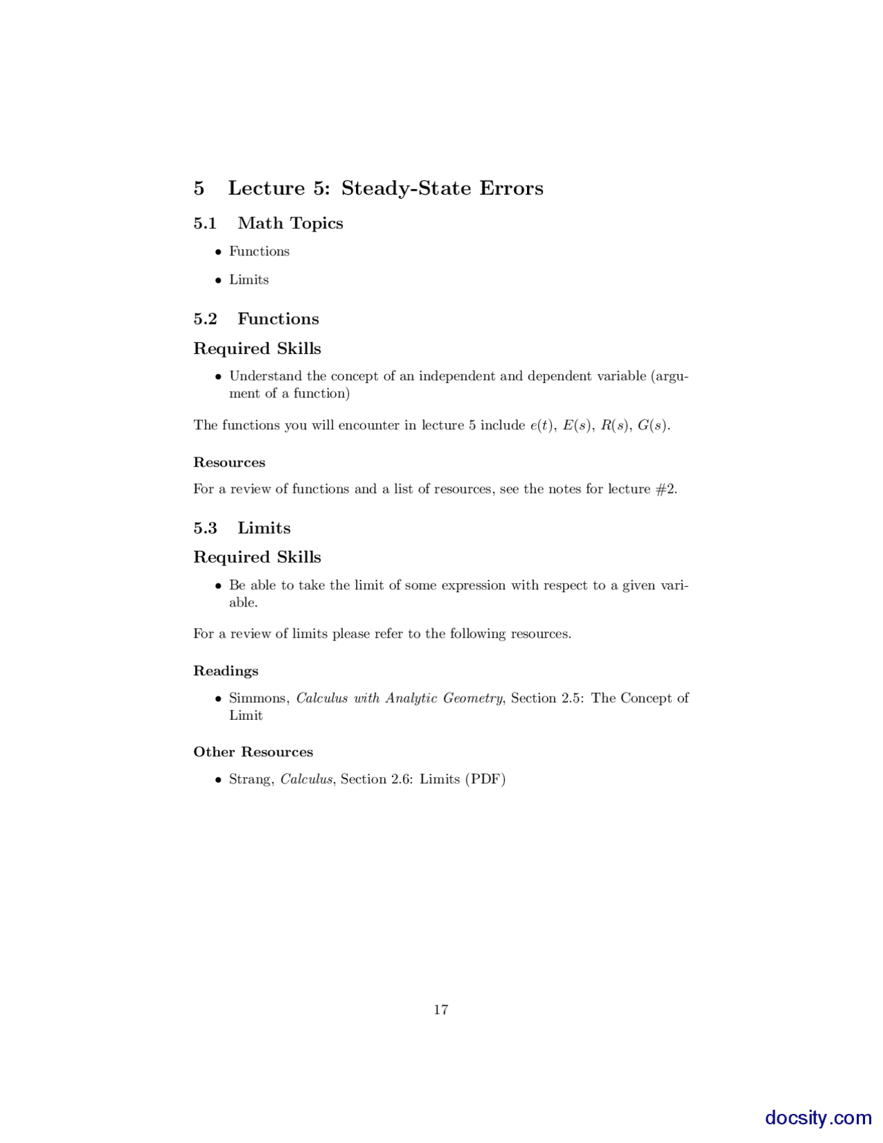 Steady State Errors Contents Principles Of Automation Control Handout