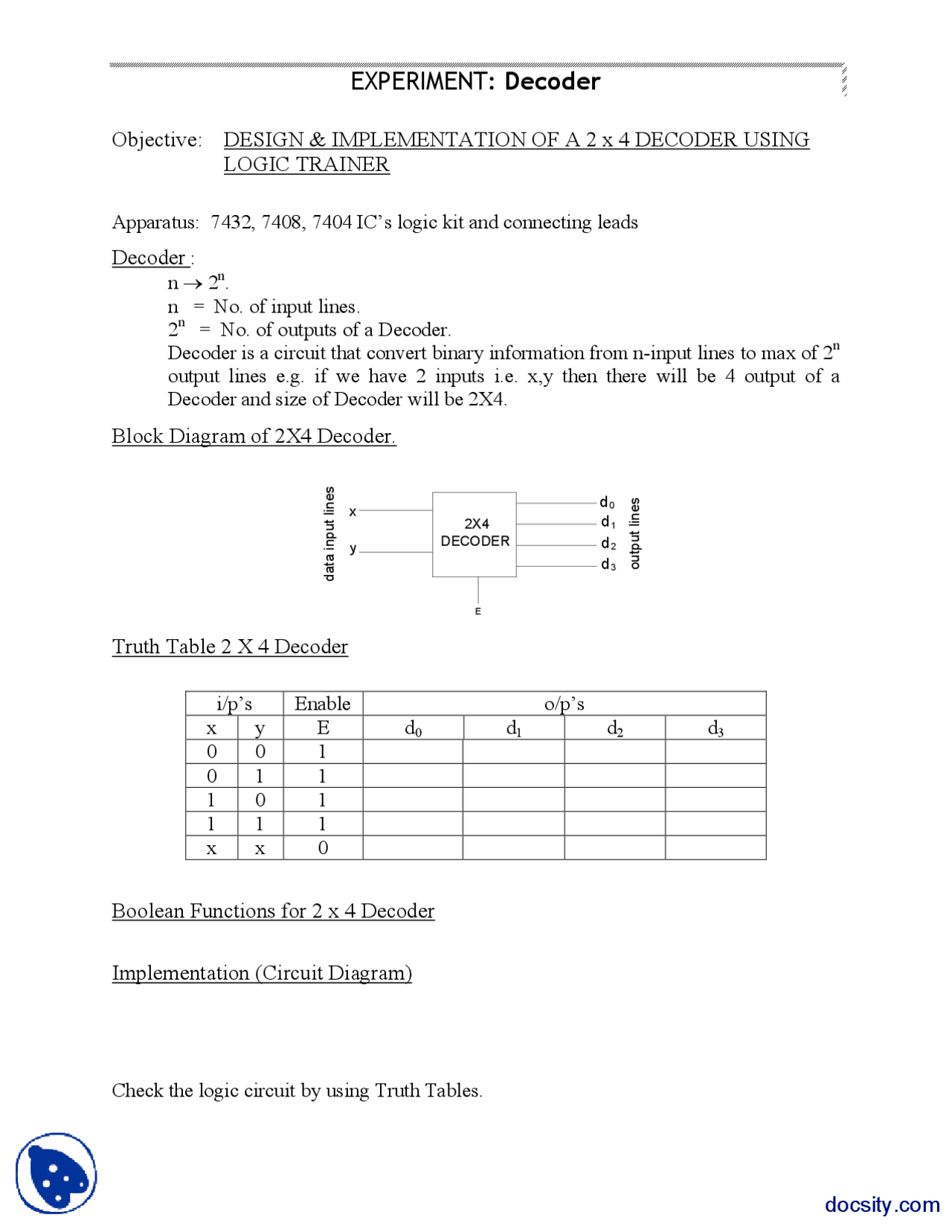 Decoder Using Digital Trainer-Digital Logic Design-Lab Mannual | Exercises Digital Logic Design ...