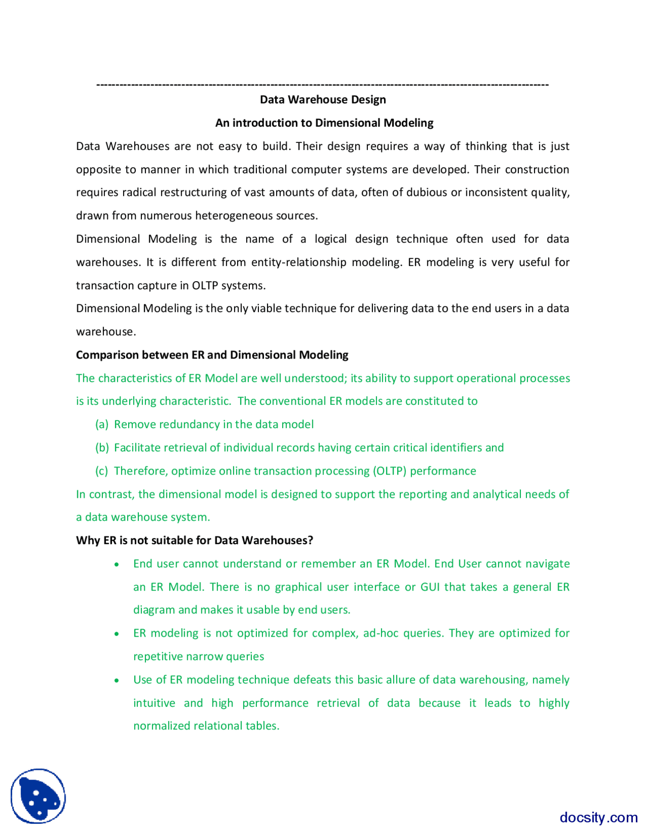 Data Warehouse Design Enterprise Applicatio Development Lecture Handout