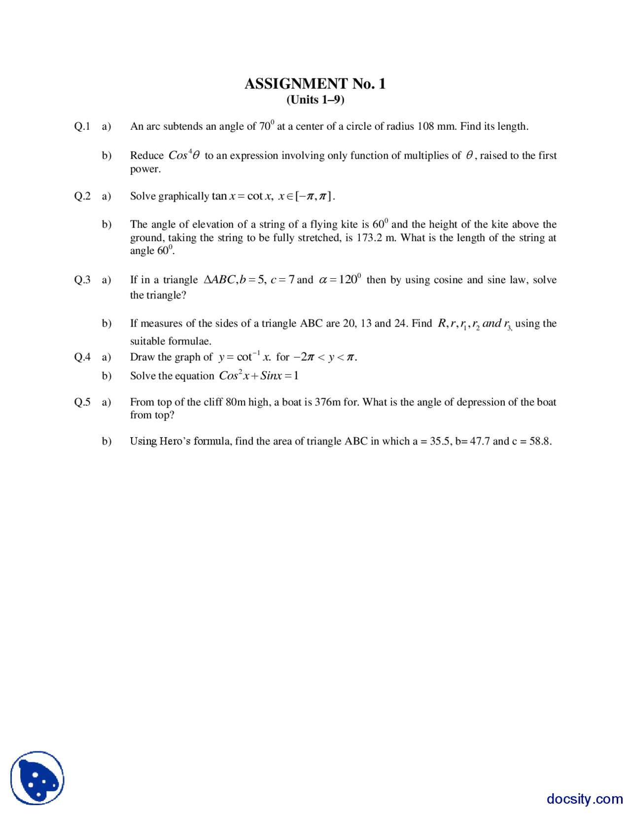 Angles And Sides Mathematics And Statistics Assignment Docsity