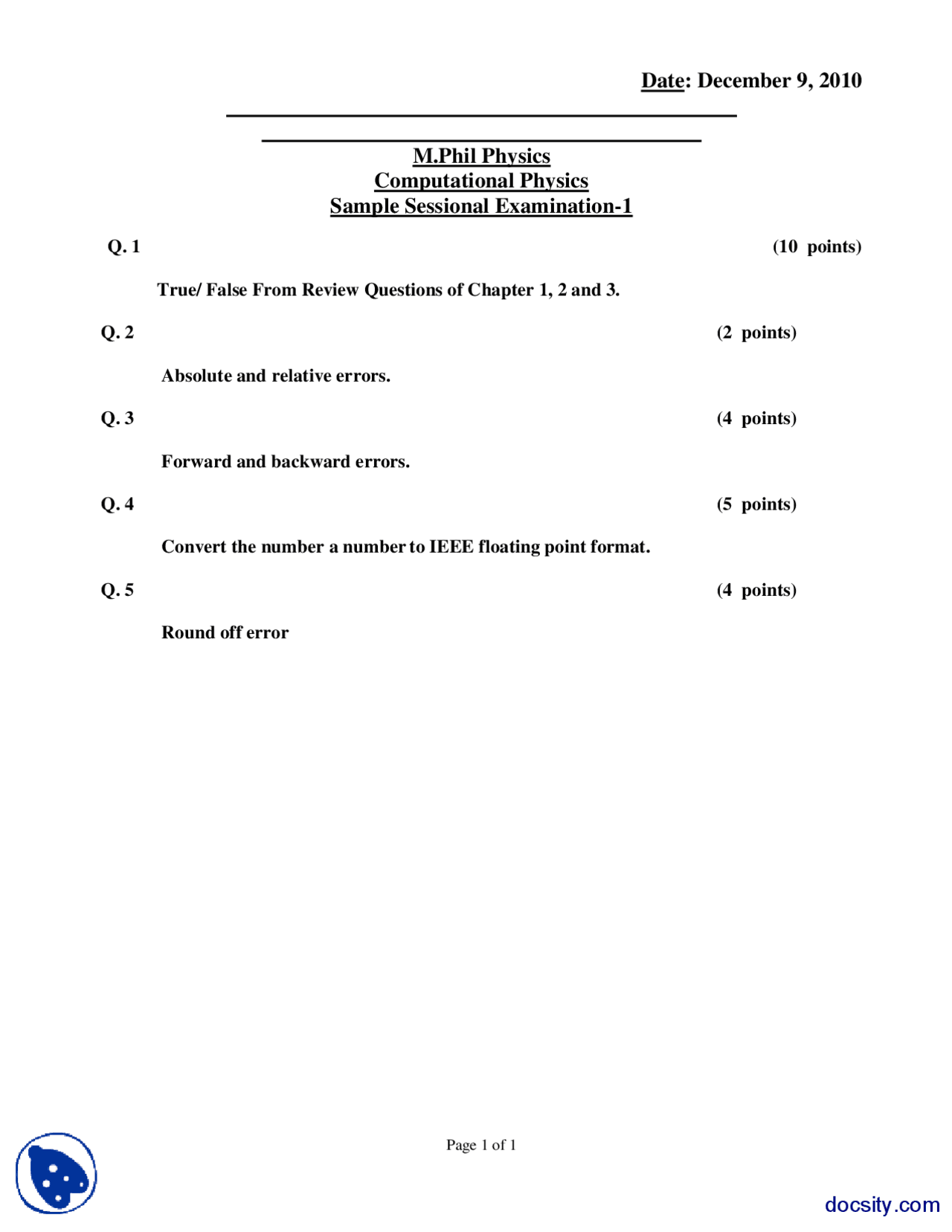 Simple Numerical Techniques Computational Physics Sample Paper Exams Computational Physics