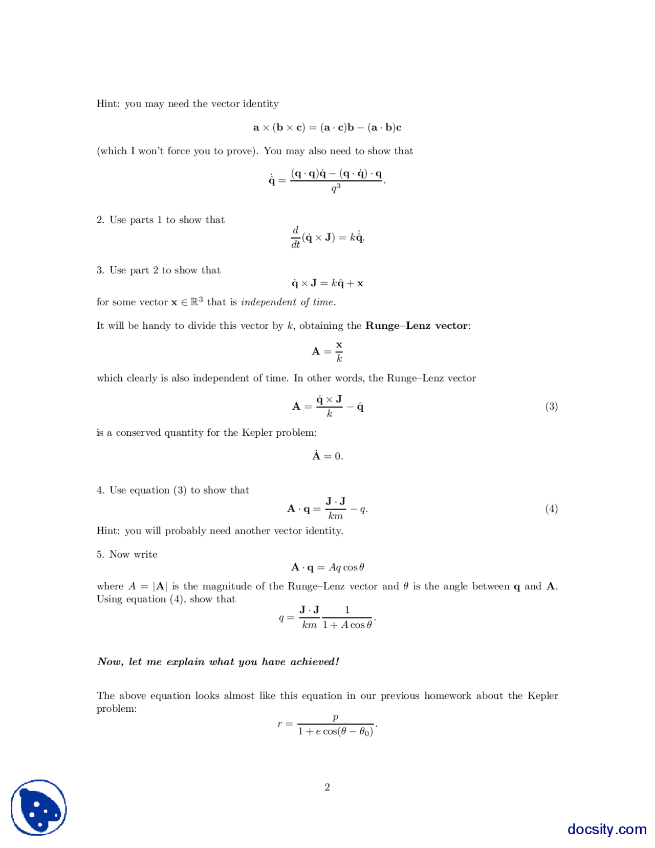 The Laplace Runge Lenz Vector Part 1-Classical and Relativistic Mechanics-Lecture Handout - Docsity