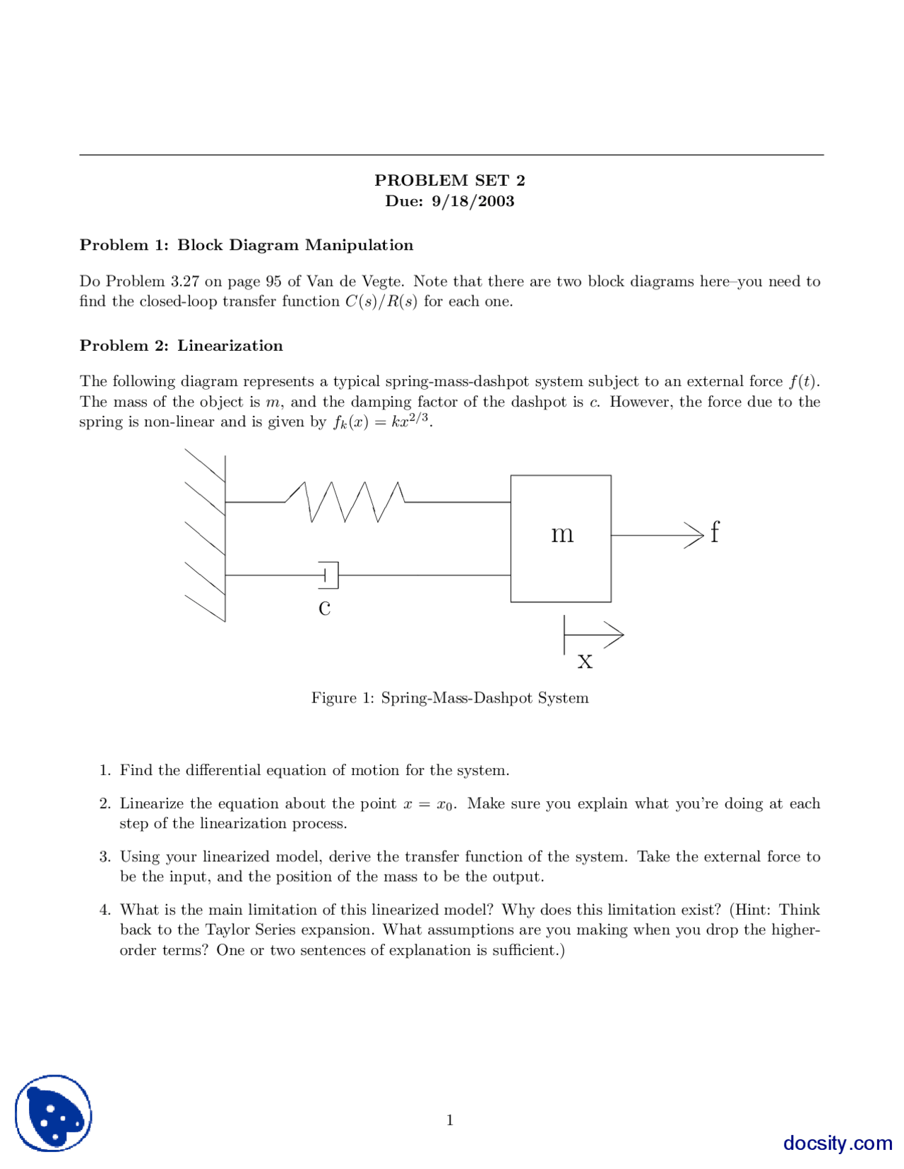 Linearization Principle Of Automation Control Assignment Exercises