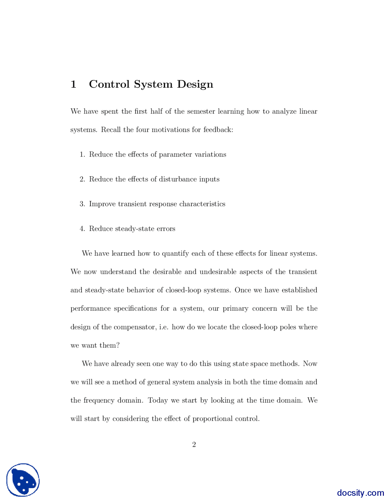 Control System Design Principles Of Automation Control Lecture Notes Docsity