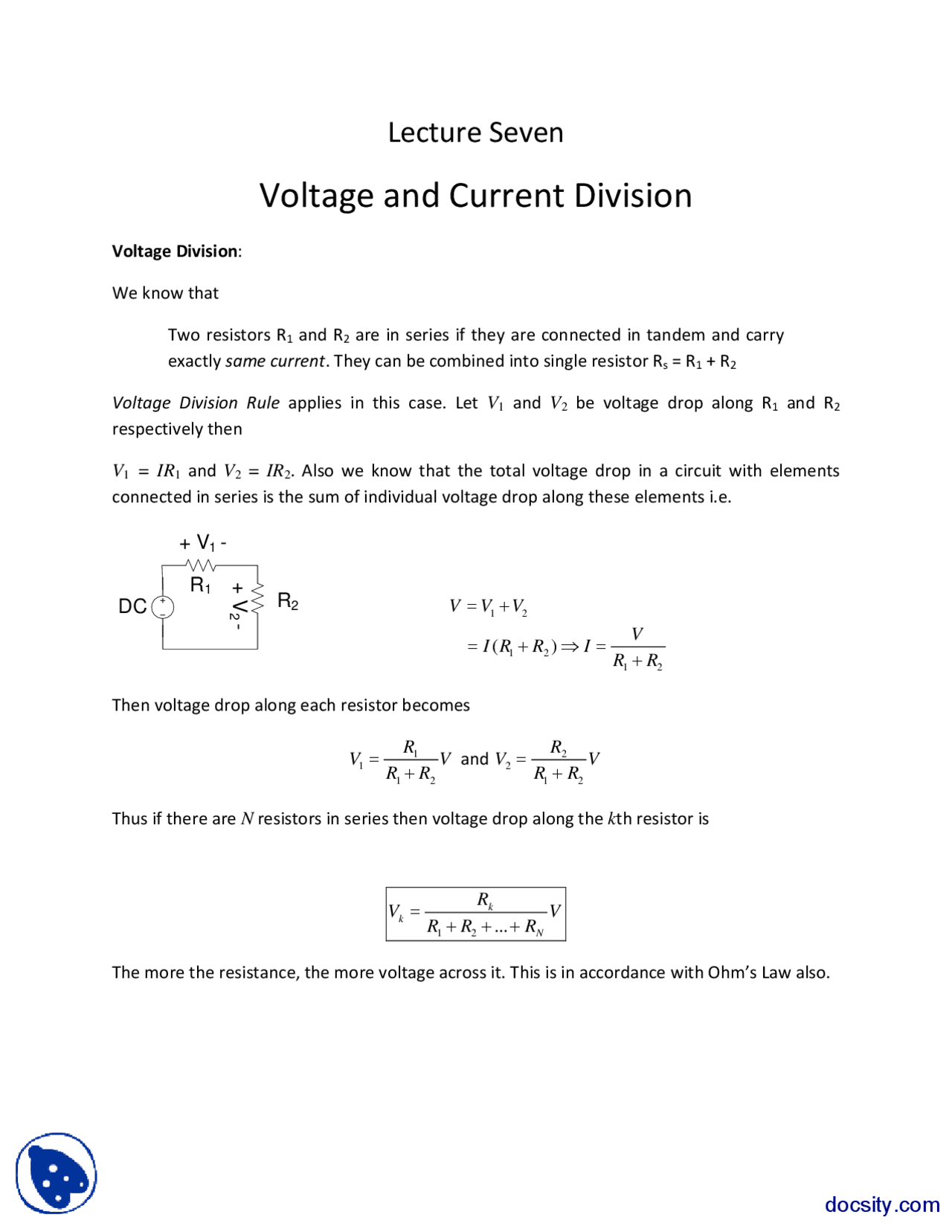 Voltage And Current Division Fundementals Of Electronics Lecture Slides