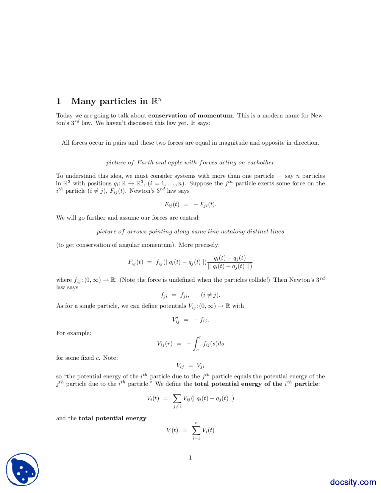 Many particles in R ^ n-Classical and Relativistic Mechanics-Lecture Handout - Docsity