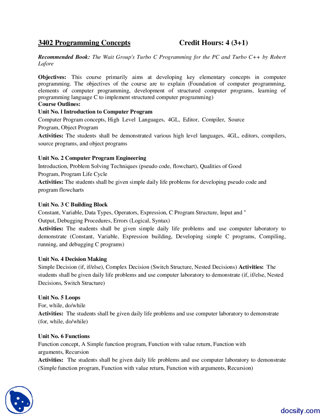 Course Outline Programming Concepts Handout Docsity